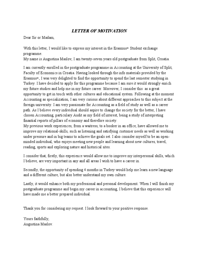 Letter of Motivation Erasmus Augustina Maslov | PDF