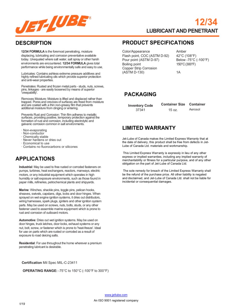 Jet-Lube 12-34 Penetrant - NSF H2 | PDF | Rust | Corrosion