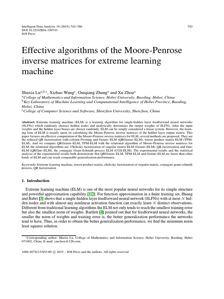 Effective Algorithms Of The Moore Penrose Inverse Matrices For Extreme Learning Machine Pdf