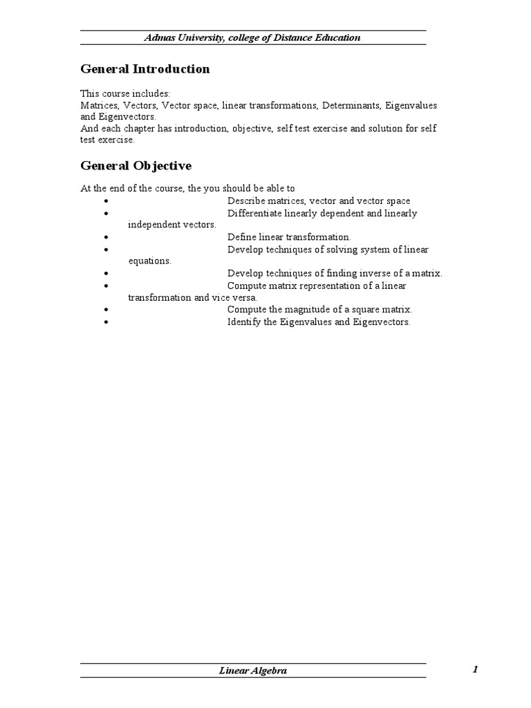 Admas University Mathematics Course on Linear Algebra | PDF | Linear ...