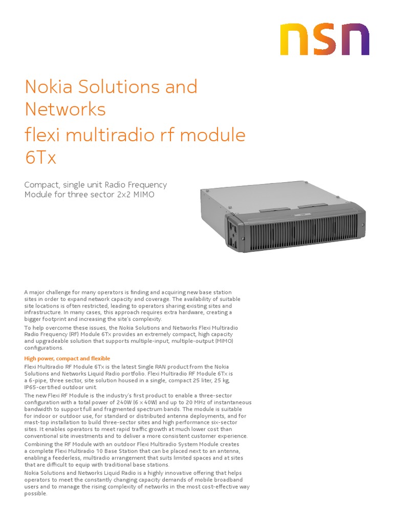 Nokia Flexi Multiradio RF Module 6TX Datasheet | PDF | Mimo | Radio