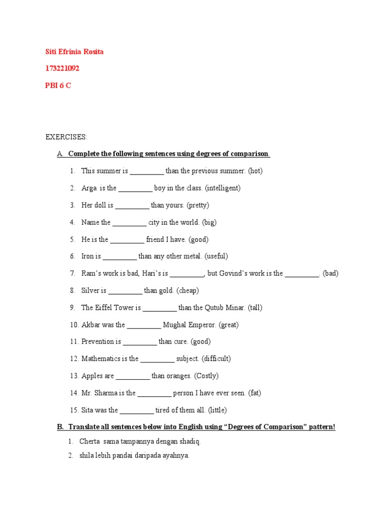 Assignment for degrees of comparison