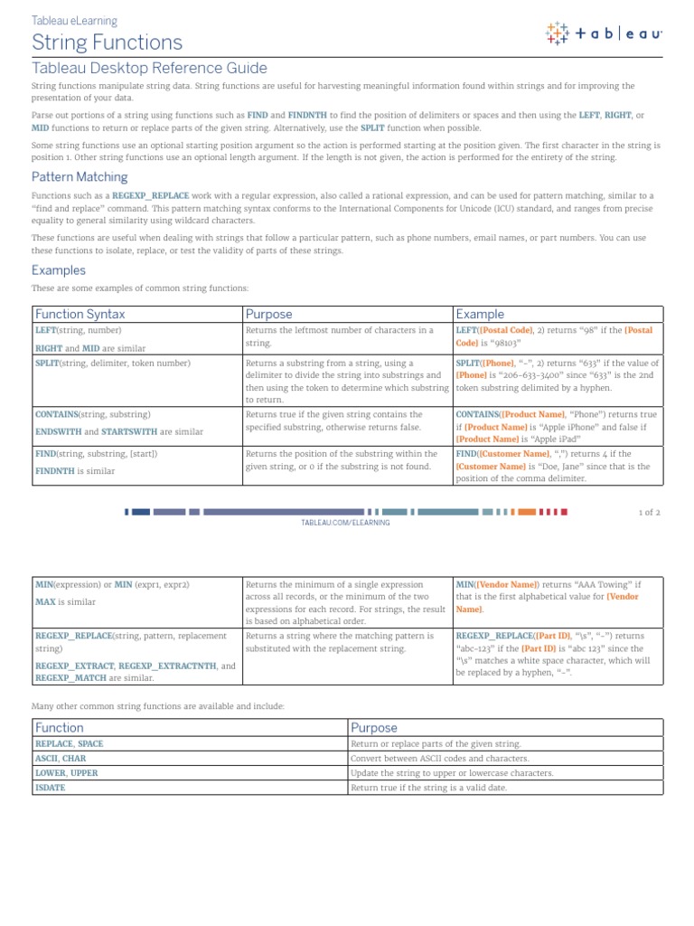 String Functions: Tableau Desktop Reference Guide | PDF | String (Computer Science) | Computer Data