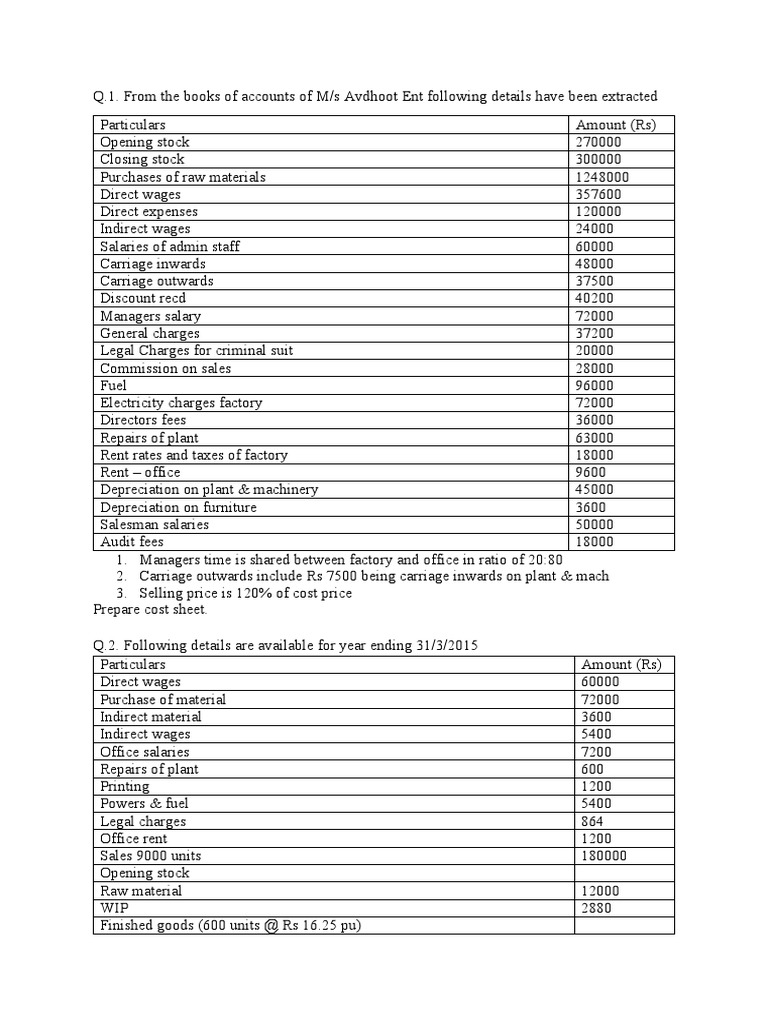 Cost Sheet Sums PDF Market Economics Business Economics