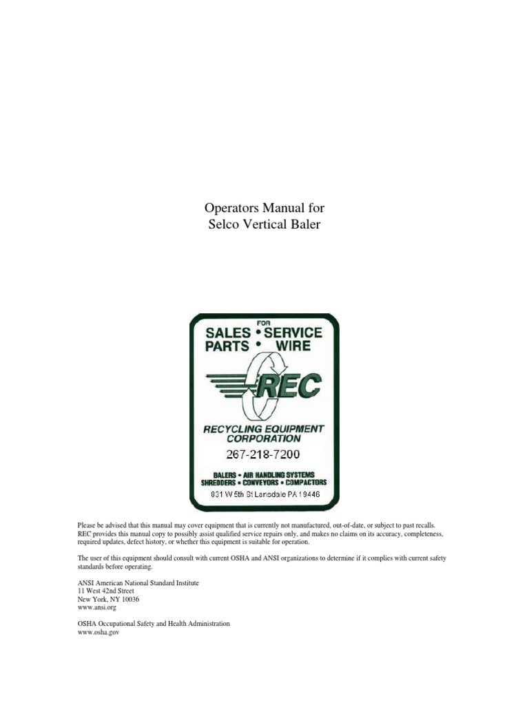 Operators Manual For Selco Vertical Baler | PDF | Occupational Safety ...