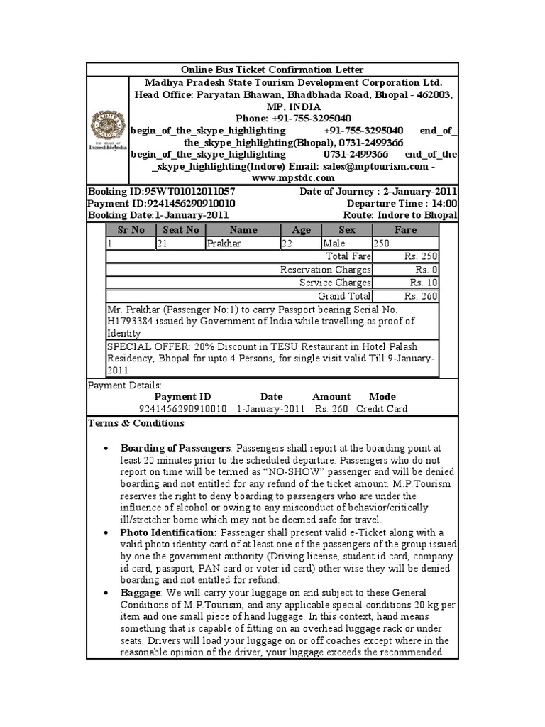 Madhya Pradesh Bus Ticket Confirmation | PDF | Identity Document | Baggage