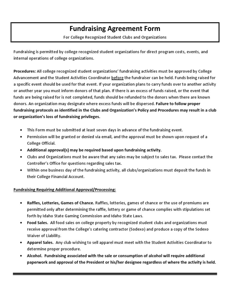 Fundraising Agreement Form | PDF | Fundraising | Lottery