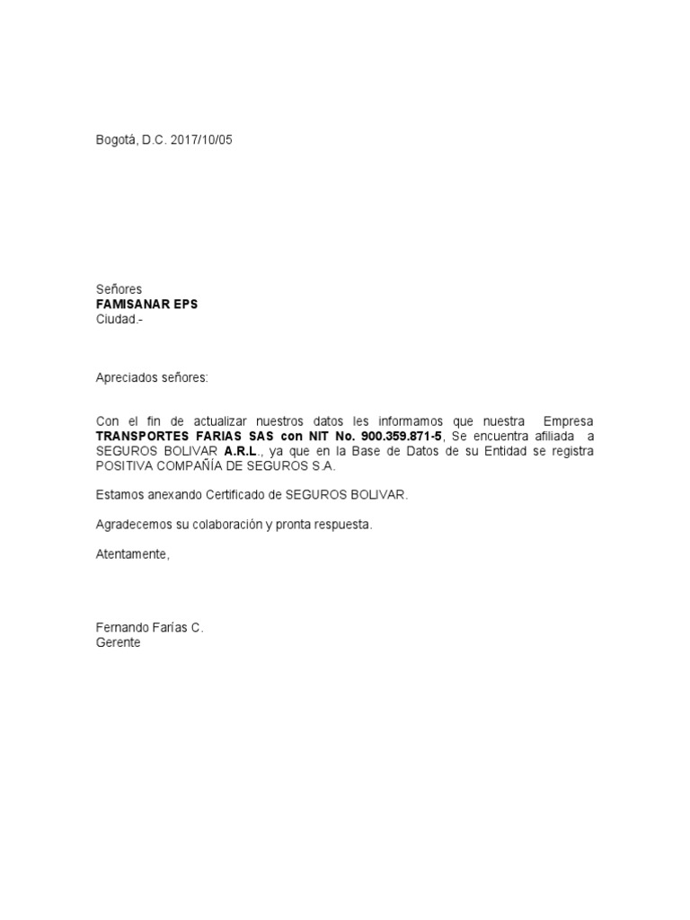 Carta Famisanar Cambio Arl | PDF