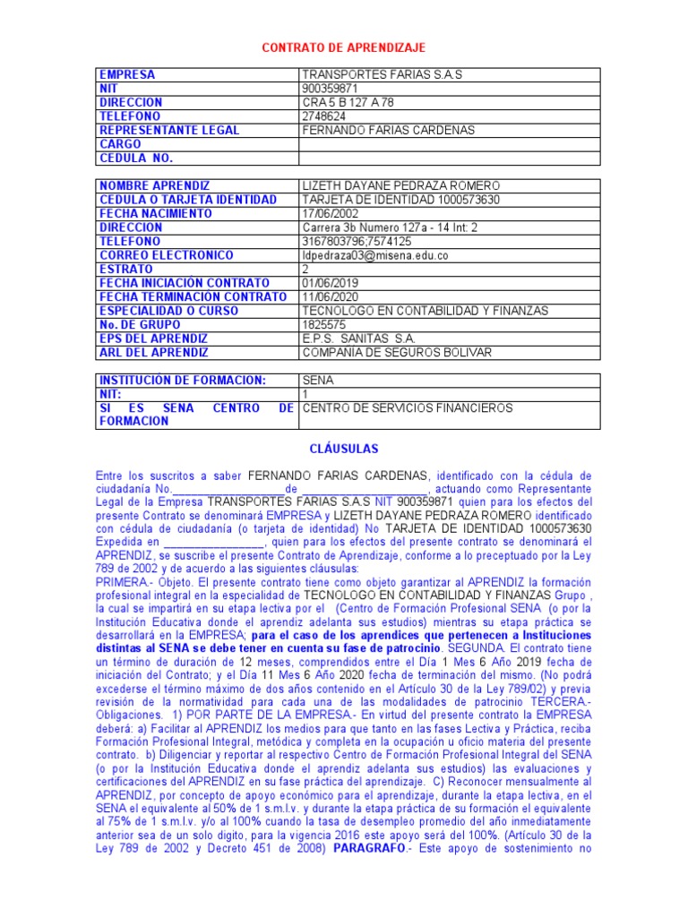 Contrato Aprendiz Sena - Lizeth Pedraza | PDF | Seguridad Social | Gobierno
