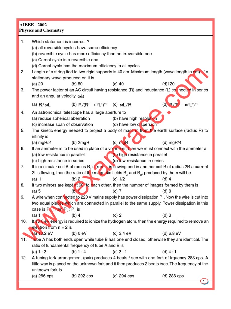 Physics and Chemistry: AIEEE - 2002 | PDF | Tension (Physics) | Electron