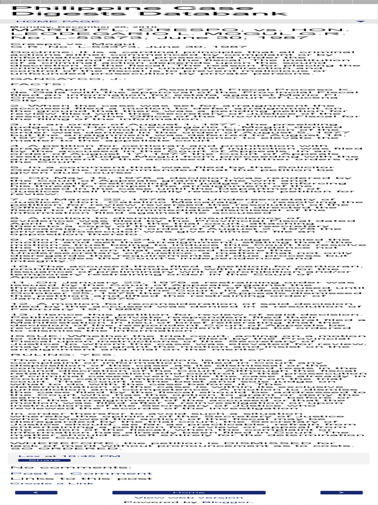 Philippine Case Digests Databank: Mario Fl. Crespo, vs. Hon. Leodegario L. Mogul G.R. No. L ...