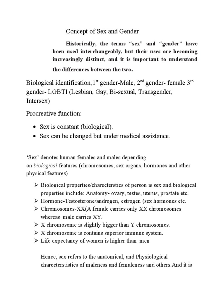 Concept of Sex and Gender Class Note | PDF | Gender | Gender Studies