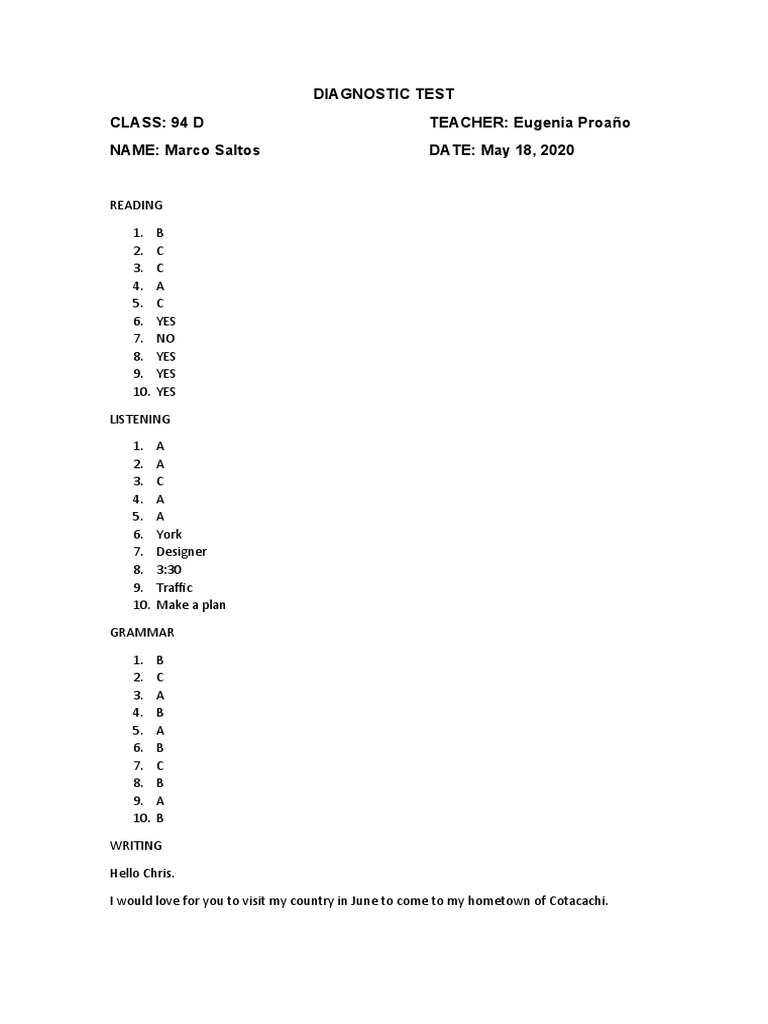Diagnostic Test Class: 94 D TEACHER: Eugenia Proaño NAME: Marco Saltos ...