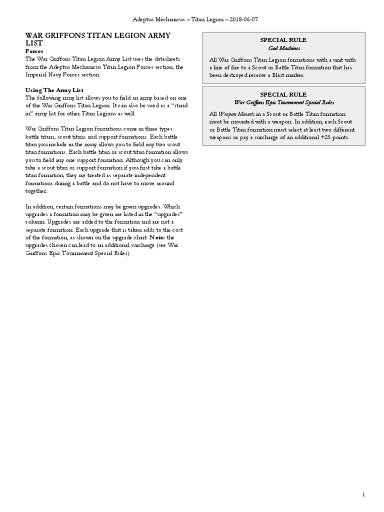 War Griffons Titan Legion Army List: Forces Special Rule | PDF ...