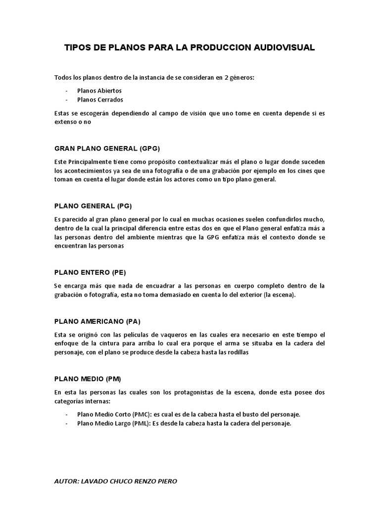 Tipos de planos para la producción audiovisual y sus características | PDF
