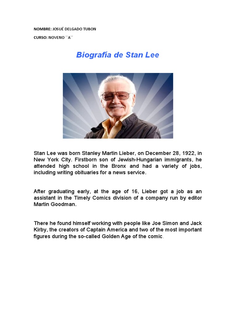 Biografía de Stan Lee: Nombre: Josué Delgado Tubon Curso: Noveno A | PDF