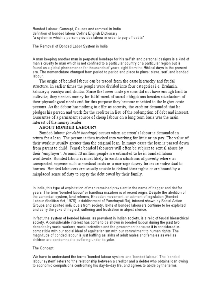 Bonded Labour Concept, Causes and Removal in India | Download Free PDF ...