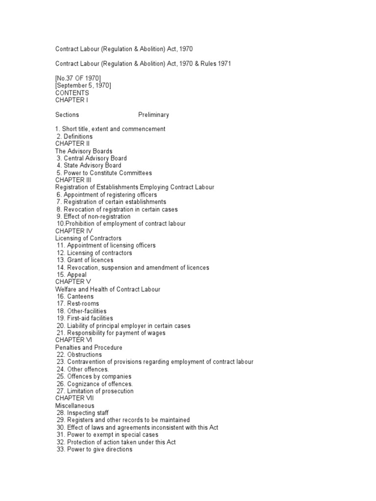 Contract Labour Act Overview 1970 | PDF | License | Search And Seizure