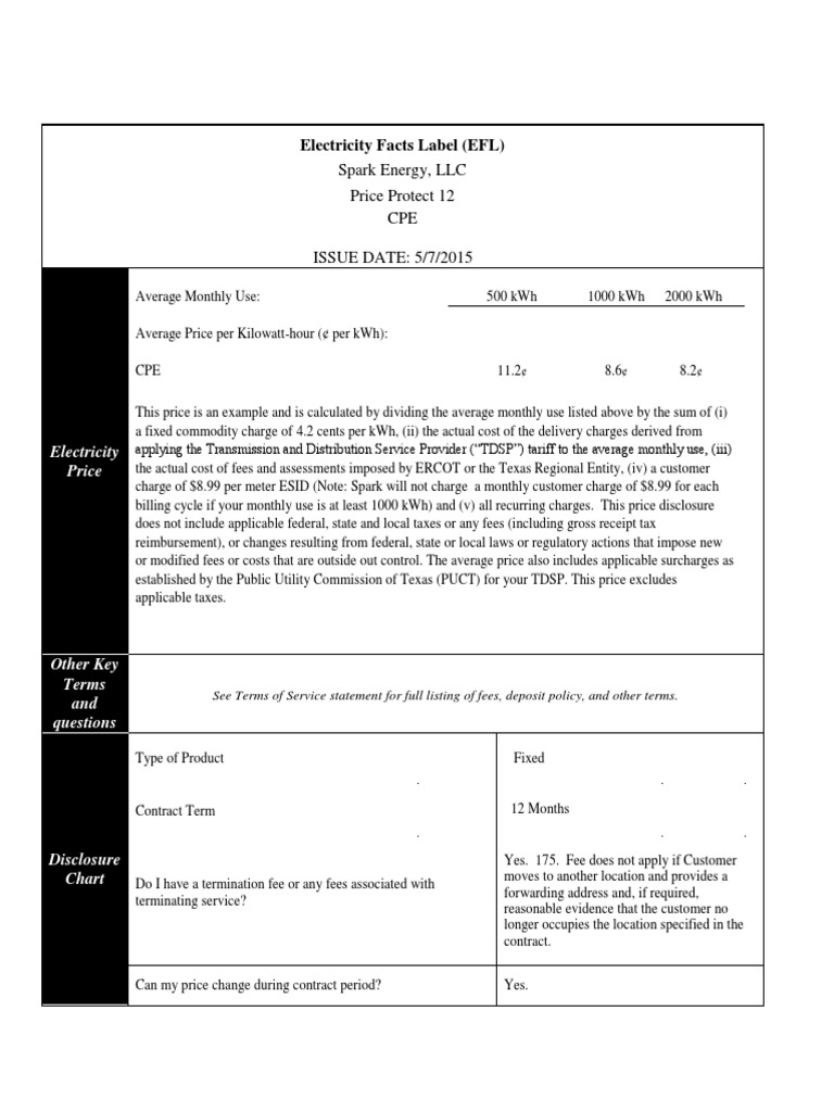 Electricity Facts Label | Download Free PDF | Fee | Kilowatt Hour