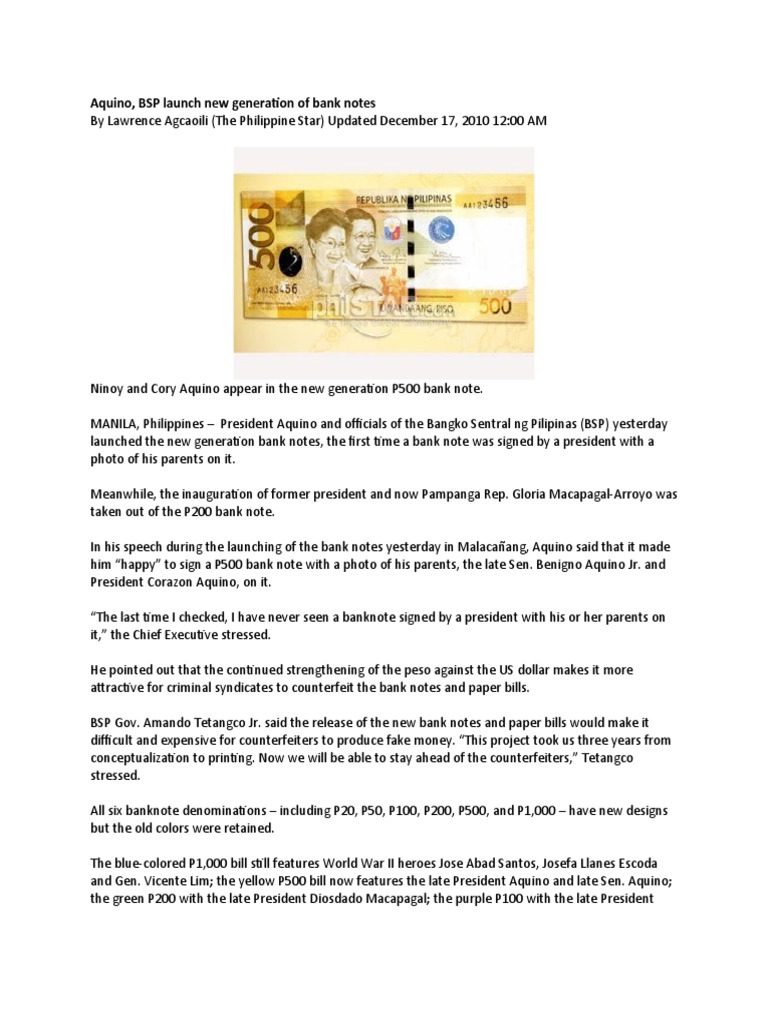 Aquino, BSP Launch New Generation of Bank Notes | PDF | Philippines ...