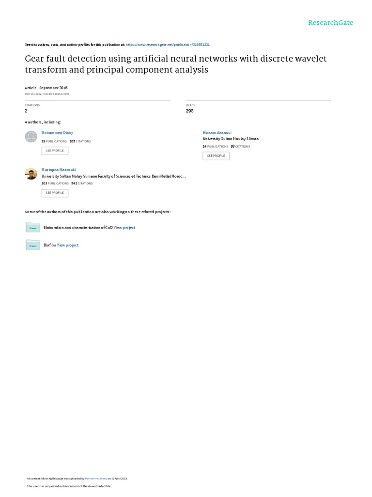 Gear Fault Detection Using Artificial Neural Netwo Pdf Pdf Wavelet Principal Component