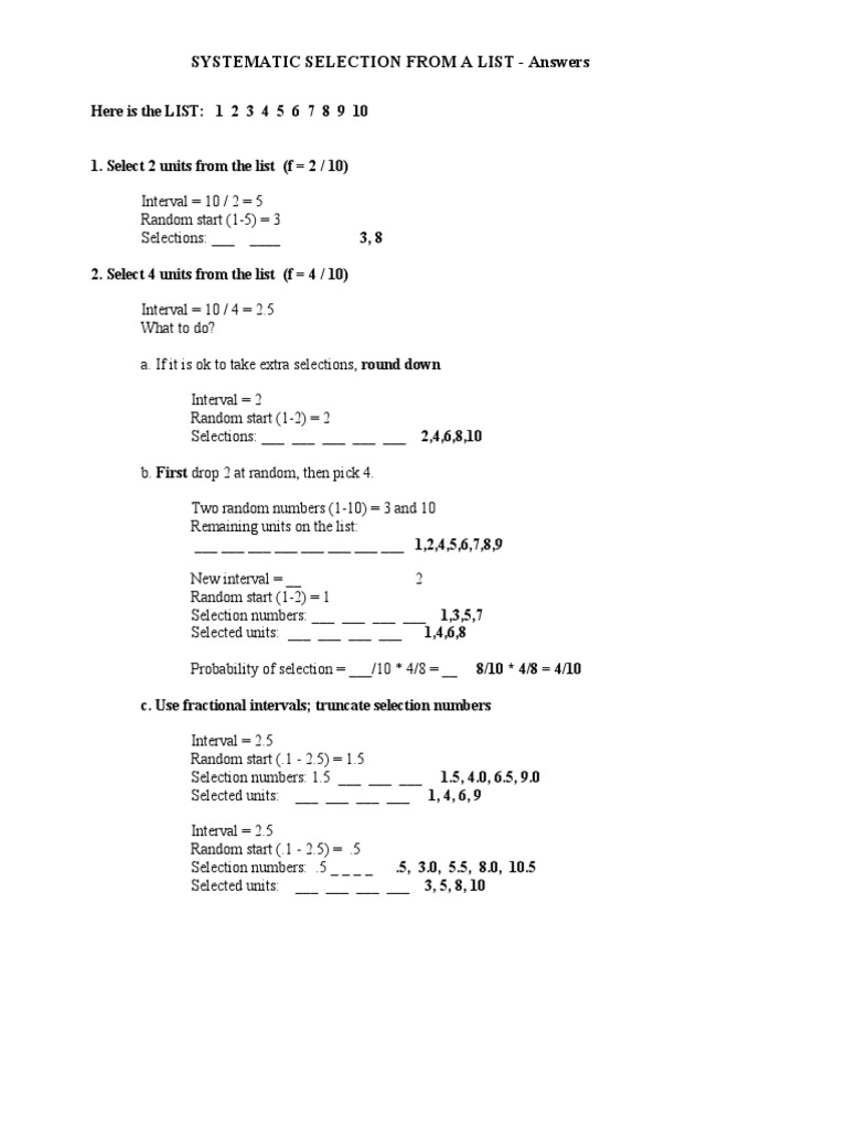 Systematic Selection From A List - Answers: Here Is The LIST: 1 2 3 4 5 ...