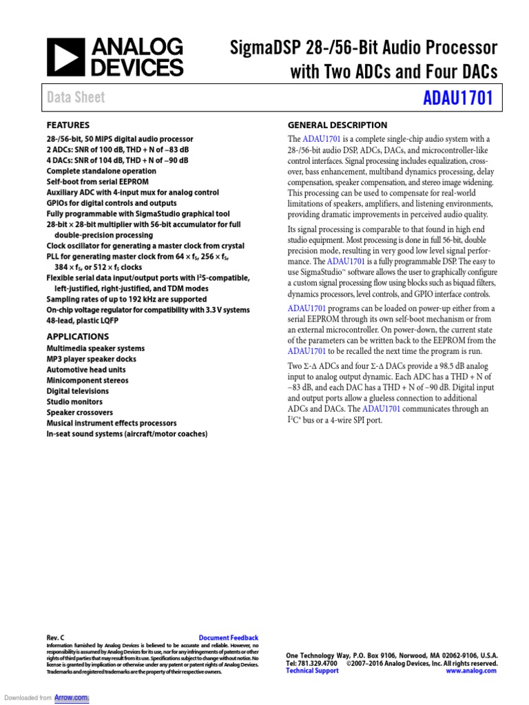 Sigmadsp 28-/56-Bit Audio Processor With Two Adcs and Four Dacs | PDF | Analog To Digital ...