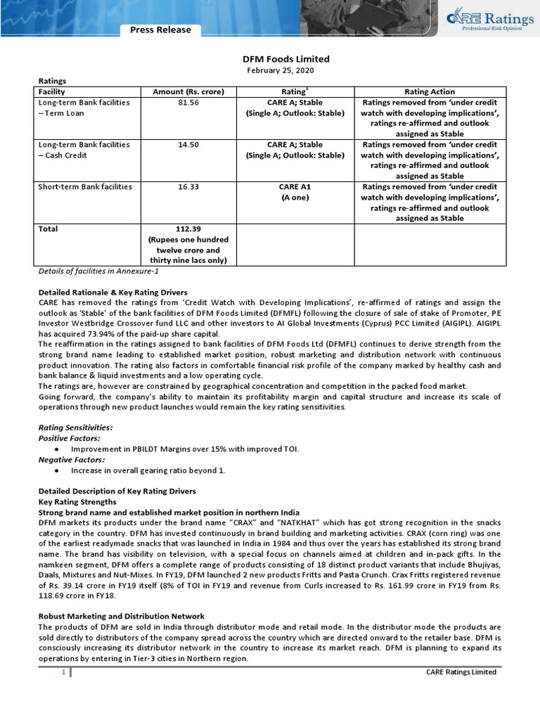 Press Release DFM Foods Limited: Details of Facilities in Annexure-1 ...