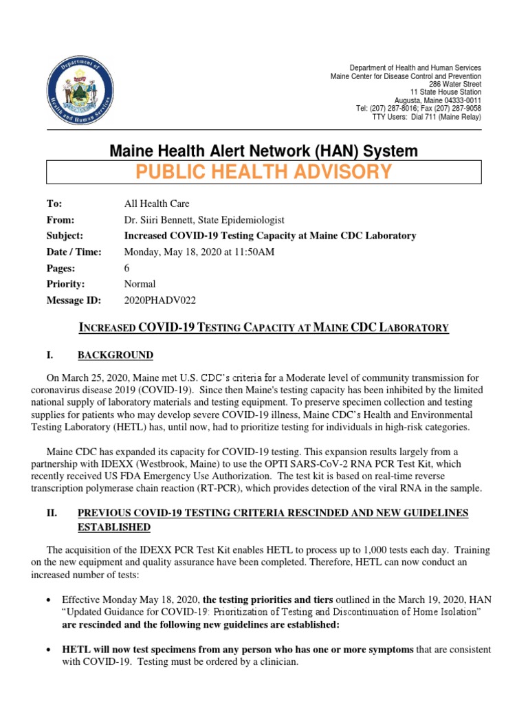 Public Health Advisory: Maine Health Alert Network (HAN) System | PDF ...