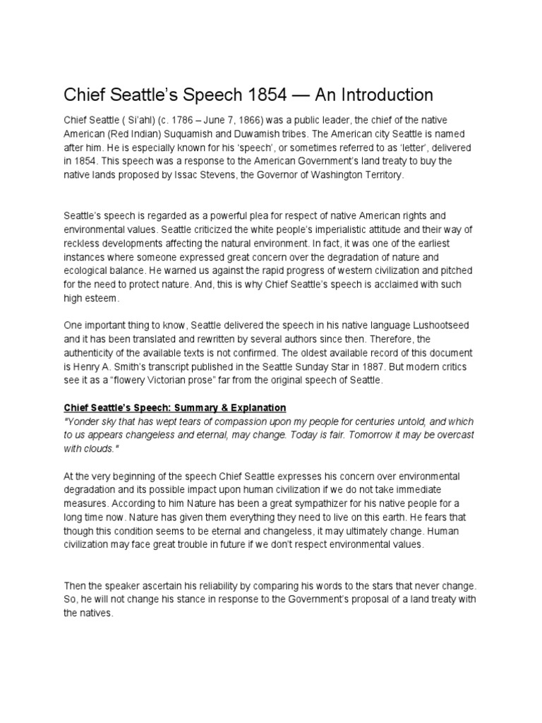 Chief Seattle's Speech 1854 - An Introduction | PDF