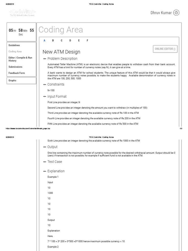 TCS - CodeVita - Coding Arena1 | PDF | Automated Teller Machine | Computing