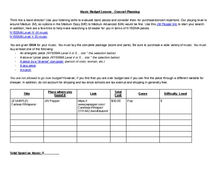 Music Budget Lesson - Concert Planning | PDF