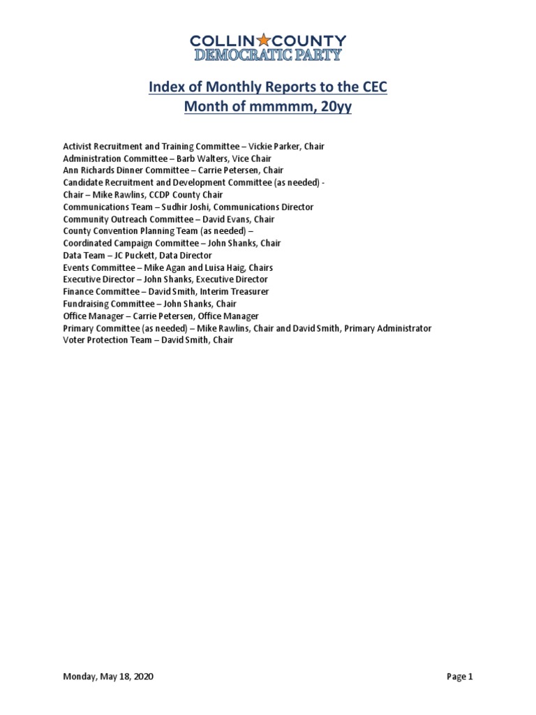 Final CEC Montly Report Templates | Fundraising | Polling Place | Free ...