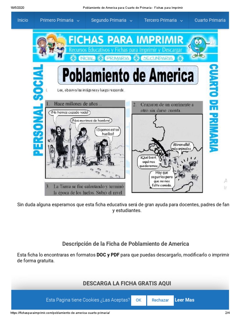 Poblamiento de America para Cuarto de Primaria - Fichas para Imprimir | PDF