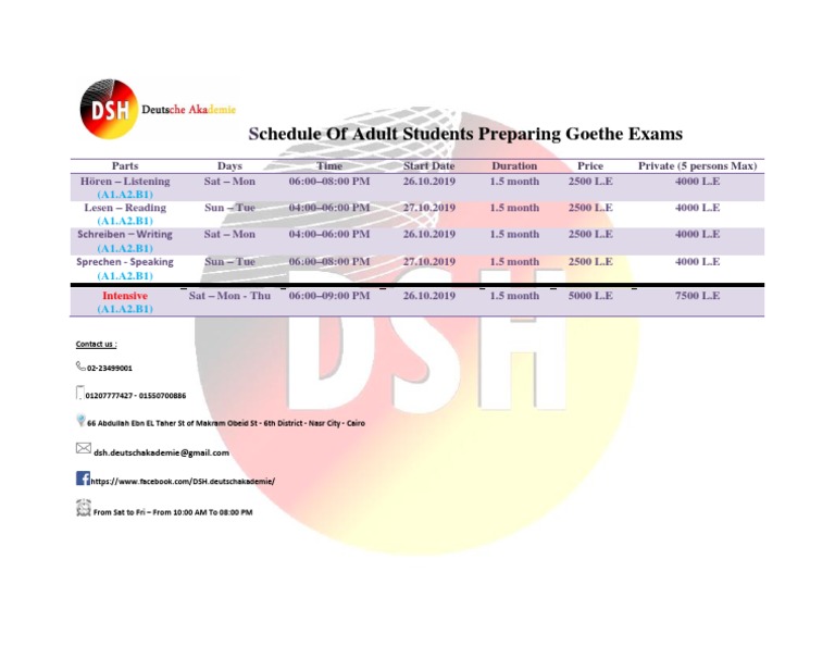 Schedule of Adult Students Preparing Goethe Exams | PDF