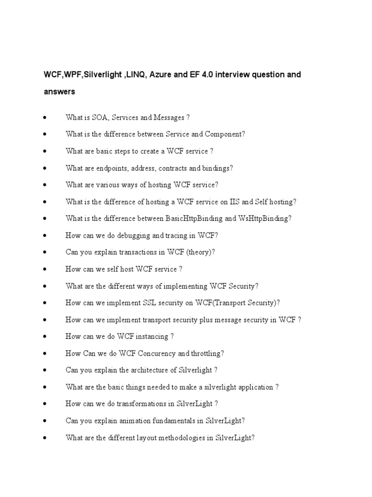 WCF, WPF, Silverlight, LINQ, Azure and EF 4.0 Interview Question and Answers | PDF | Microsoft ...