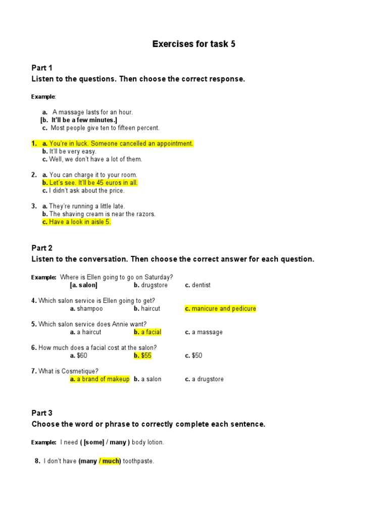 Exercises For Task 5: Listen To The Questions. Then Choose The Correct ...