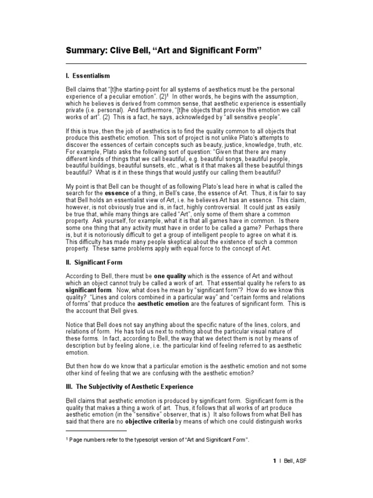 Clive Bell's Art and Significant Form | PDF | Essentialism | Aesthetics