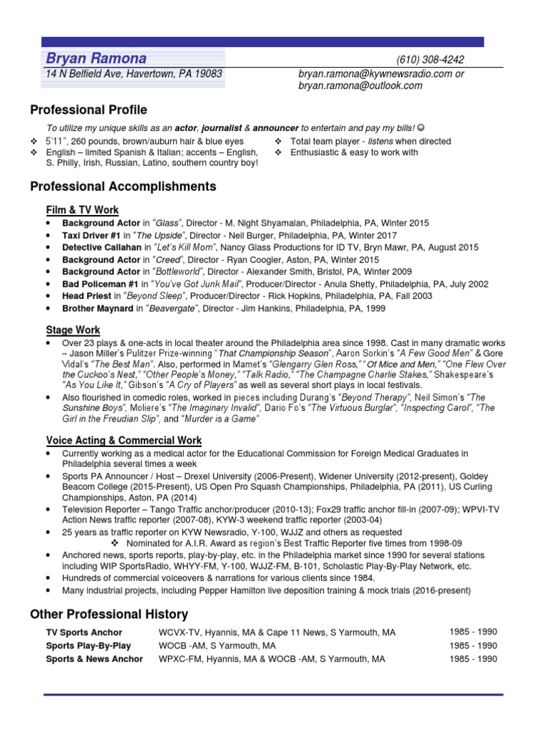 Bryan Ramona Acting Resume | PDF | Entertainment | Broadcasting