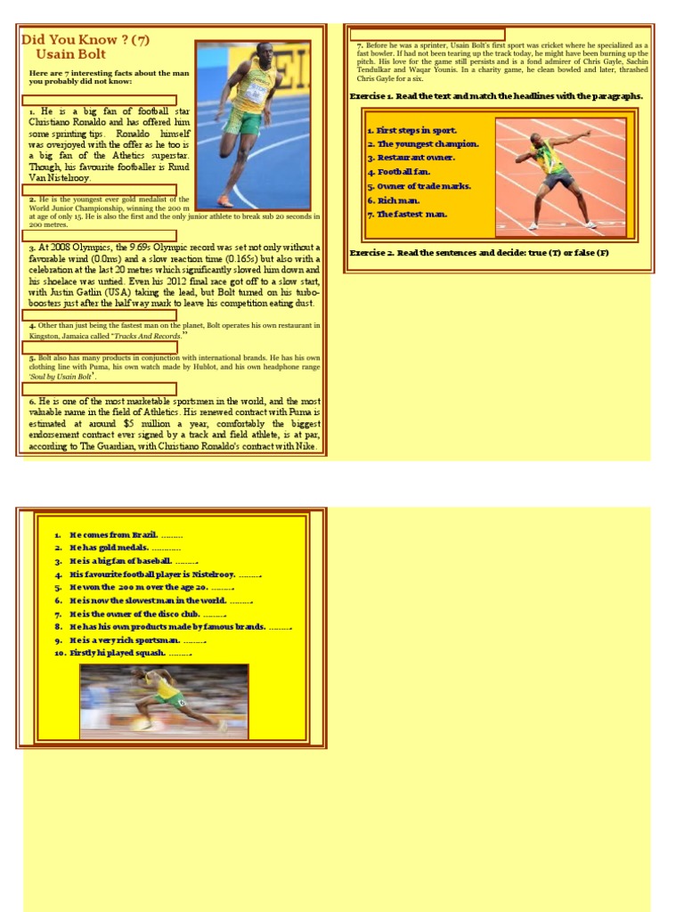 Did You Know ? (7) Usain Bolt: Exercise 1. Read The Text and Match The ...