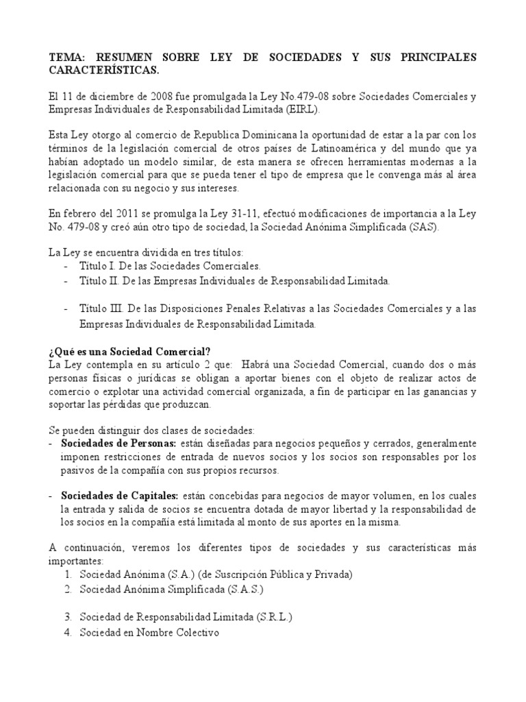 Resumen Ley 479 08 | PDF | Sociedad de responsabilidad limitada | Propiedad