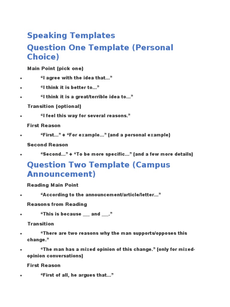 TOEFL Speaking Templates Guide | PDF