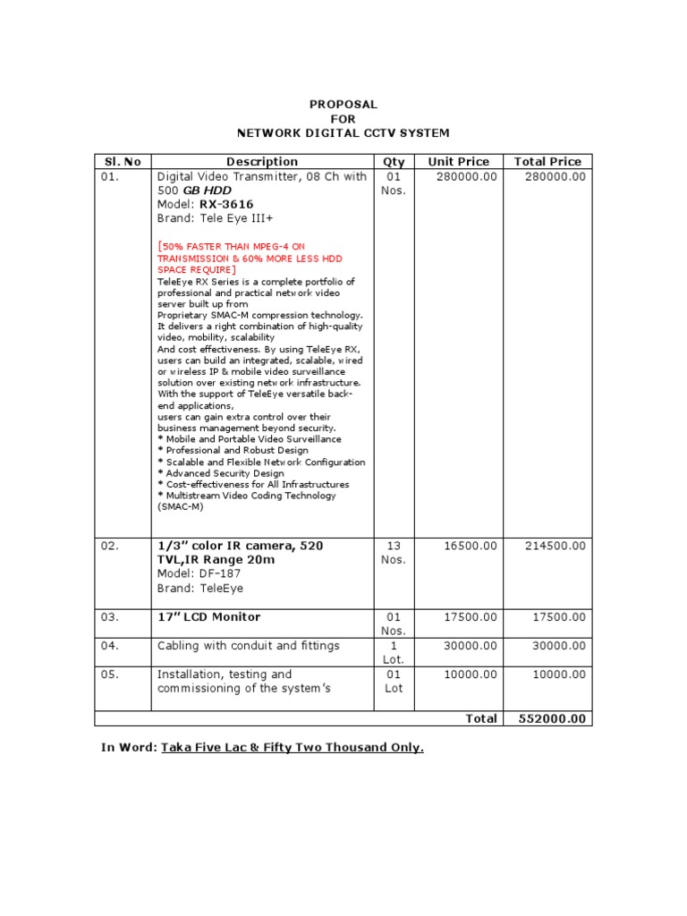 Proposal FOR Network Digital CCTV System Sl. No Description Qty Unit ...
