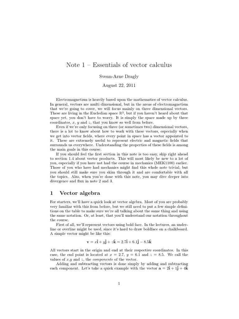 Note 1 Essentials Of Vector Calculus Pdf Euclidean Vector Divergence