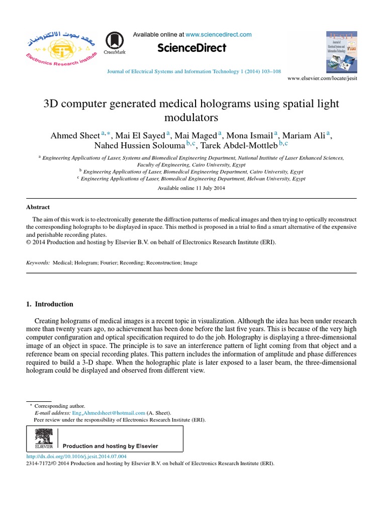 3D Computer Generated Medical Holograms Using Spatial Light Modulators - Sheet - 2014 | PDF ...