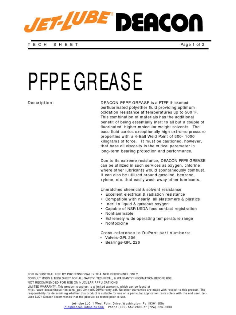 Pfpe Grease: T E C H S H E E T Page 1 of 2 | PDF | Mechanical ...