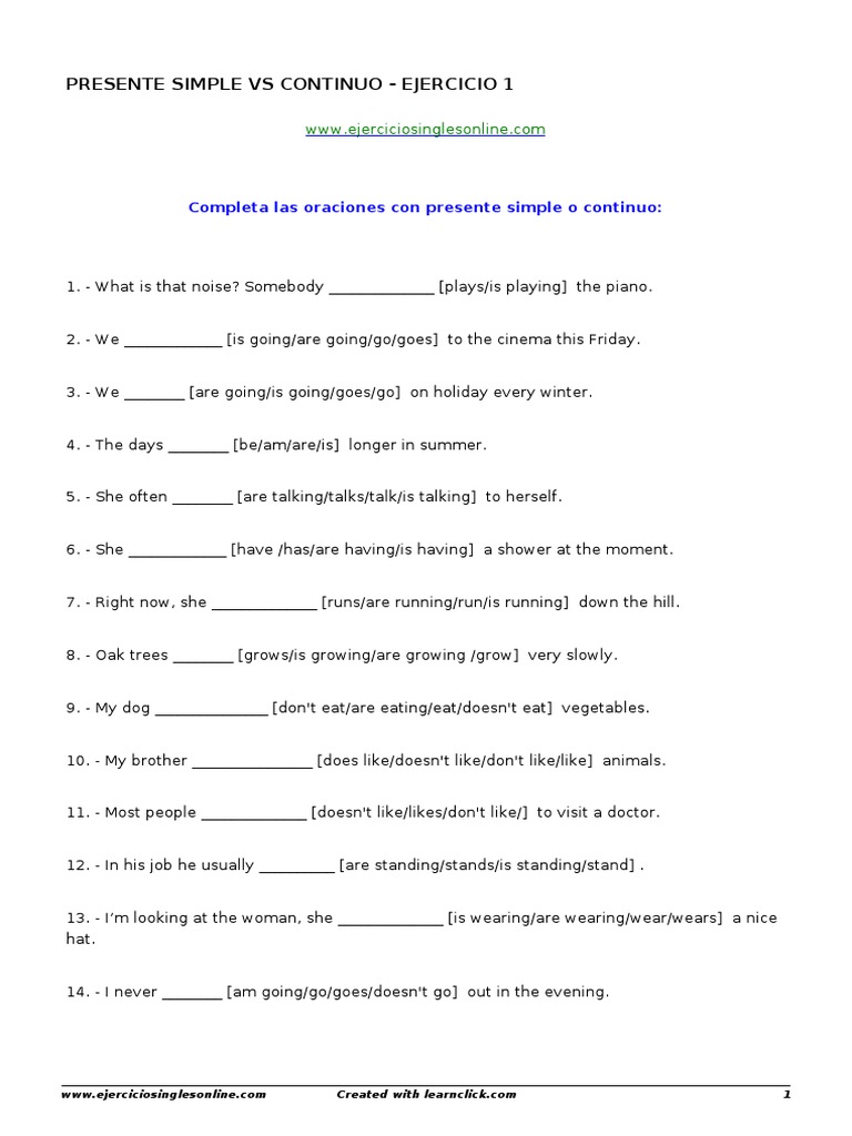 Presente Simple Vs Continuo - Ejercicio 1 | PDF