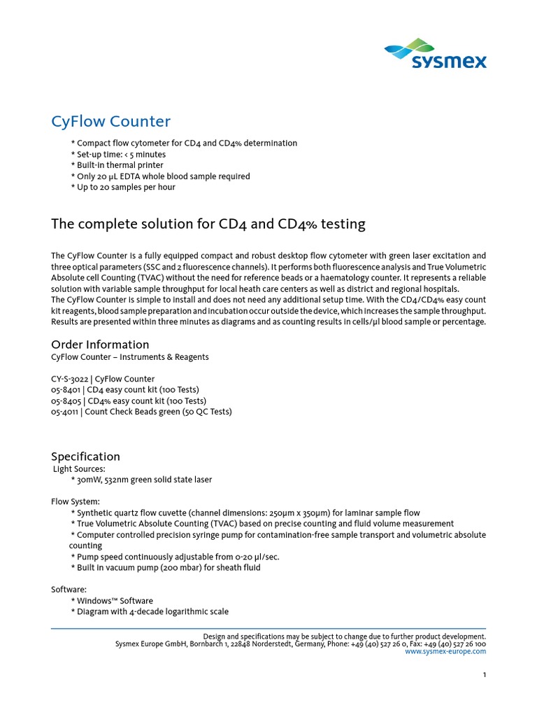 Cyflow Counter: The Complete Solution For Cd4 and Cd4% Testing | PDF ...
