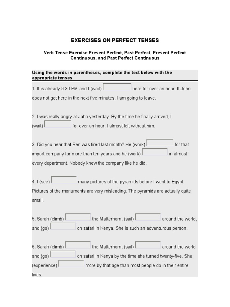 English Perfect Tense Exercise | PDF | Perfect (Grammar) | Grammatical ...