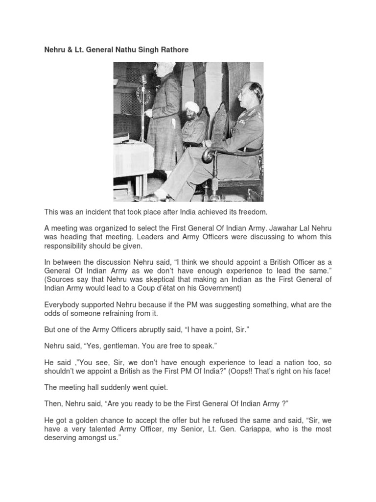 Nehru & Lt. General Nathu Singh Rathore | PDF